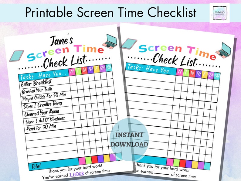 Printable Screen Time Checklist, Editable Screen Time Tracker, Daily ...