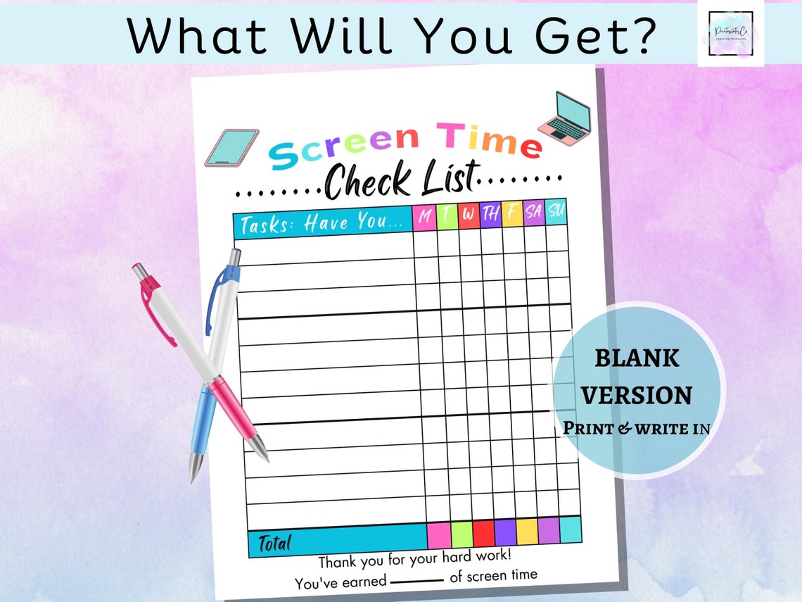 Printable Screen Time Checklist, Editable Screen Time Tracker, Daily ...