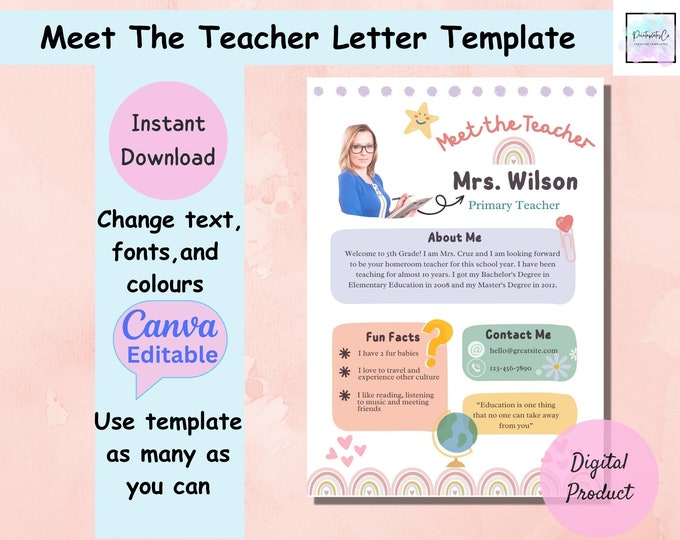 Meet the Teacher Editable Canva Template, Boho Rainbow Classroom Decor ...