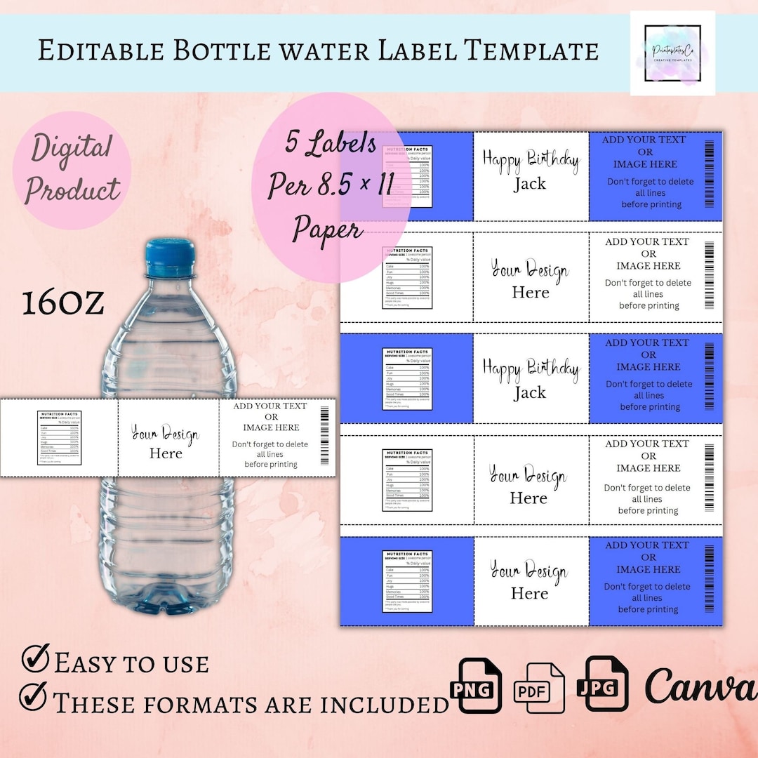 Water Bottle Label Blank Template, Party Favors Supplies Templates ...
