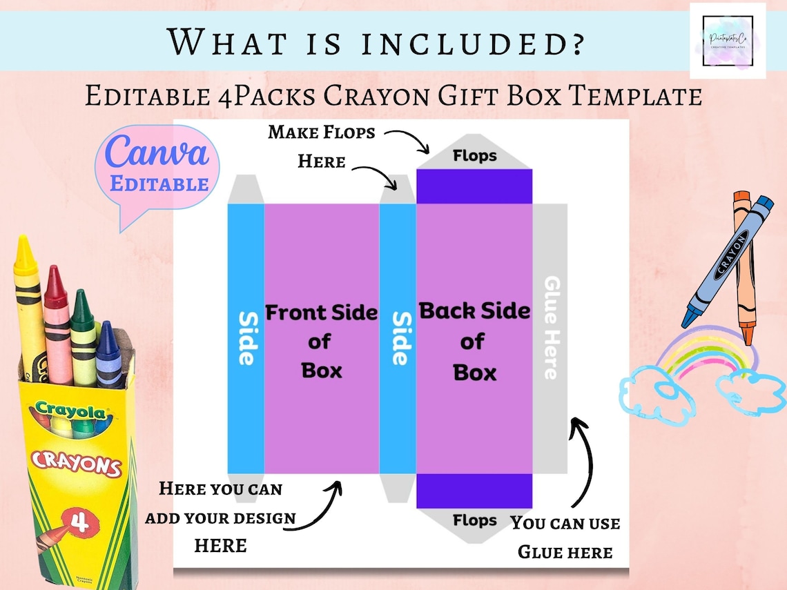 Crayon Box Template, 4pcs Wax Color Pen, Editable Gift Box Template, Do ...