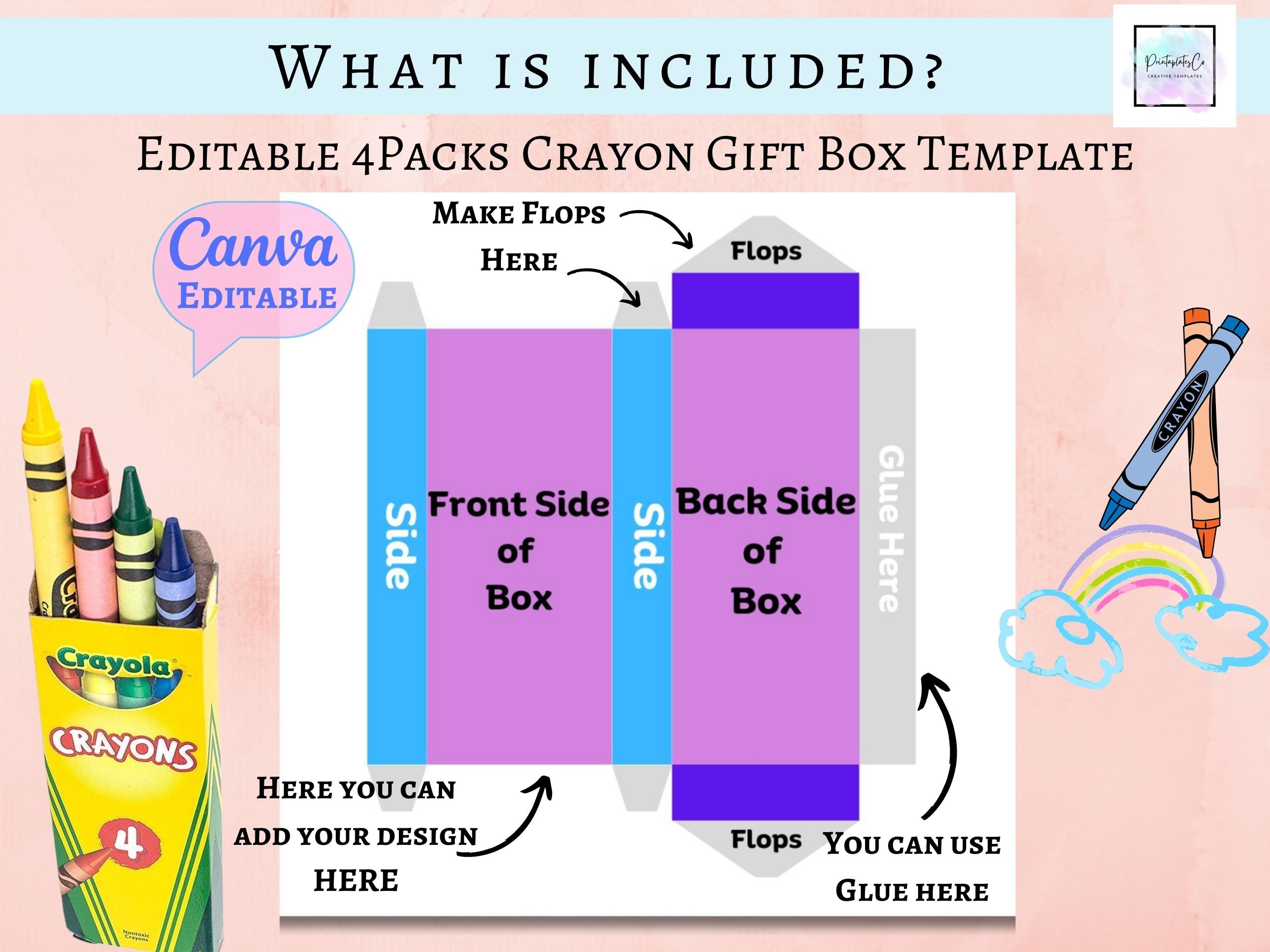 Crayon Box Template, 4pcs Wax Color Pen, Editable Gift Box Template, Do ...