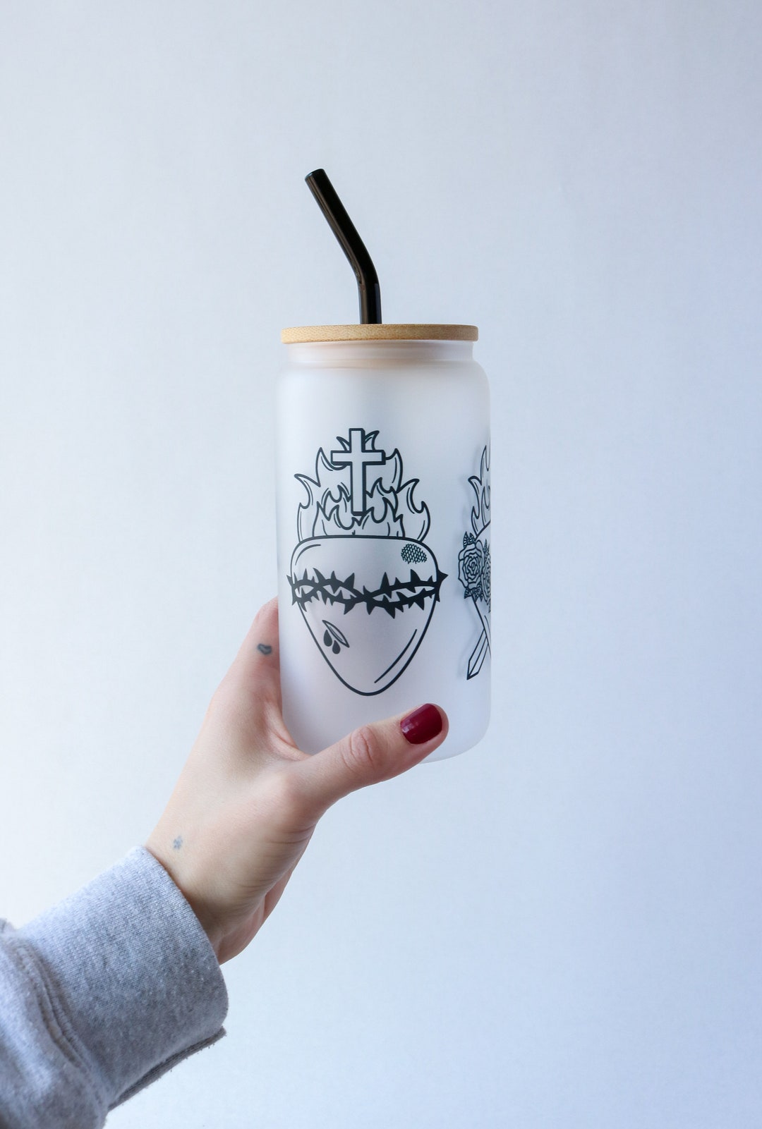 Hearts of the Holy Family Frosted Glass Tumbler Catholic Iced Coffee ...