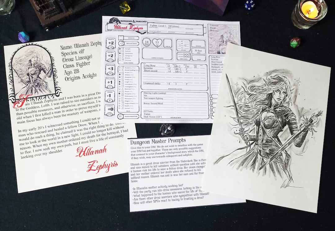 Elf (drow) Fighter Premade Character Package, Including Character Sheet ...