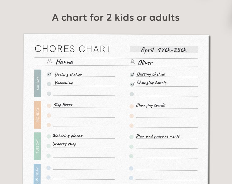 Weekly Chores Chart for 2 Kids or Adults | Printable Chore Tracker ...