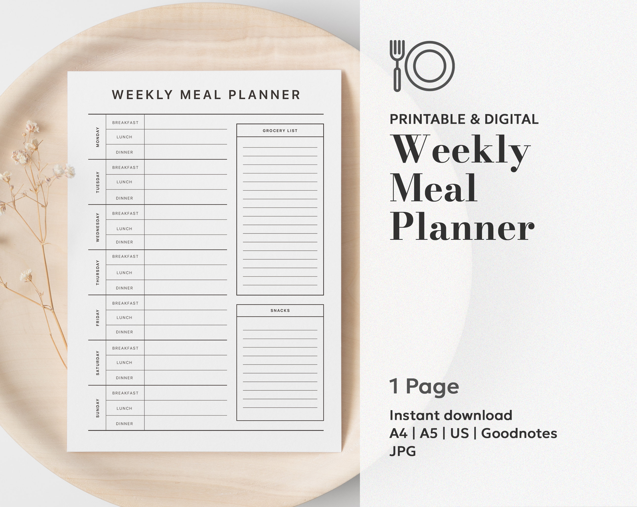 Minimalist Black and White Meal Planner Printable Weekly - Etsy