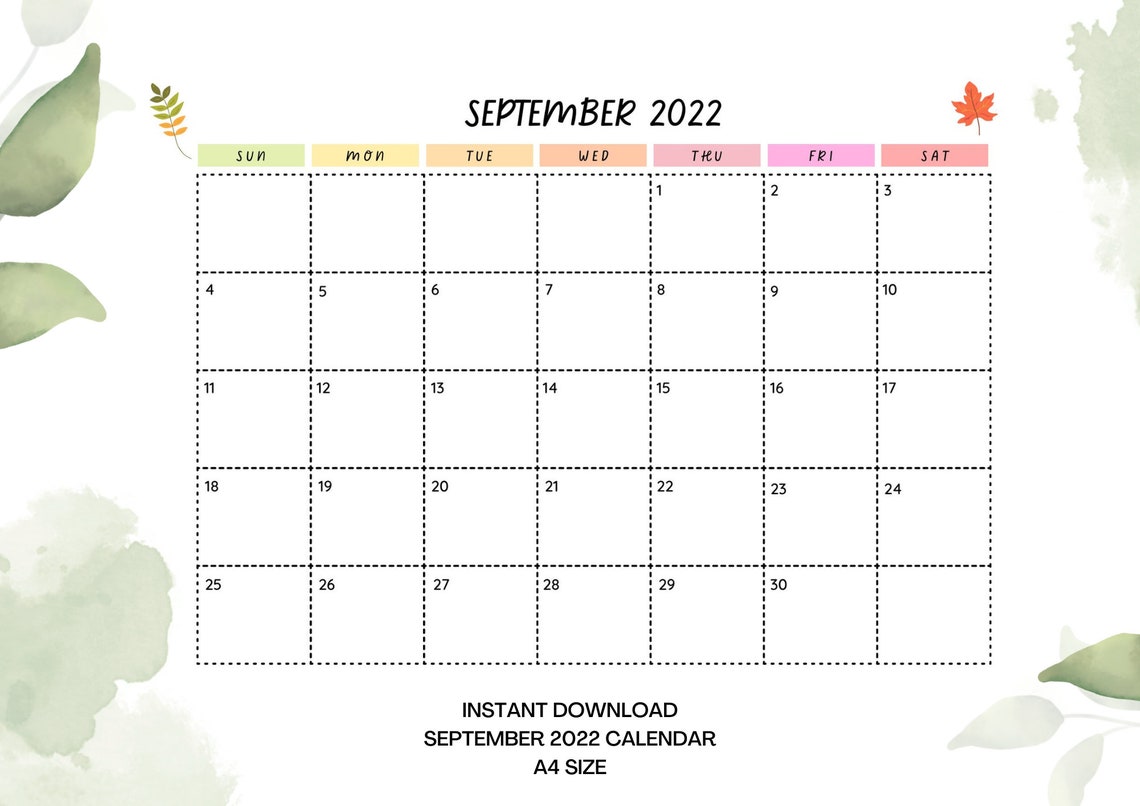 September 2022 Printable Calendar Instant Download A4 - Etsy UK