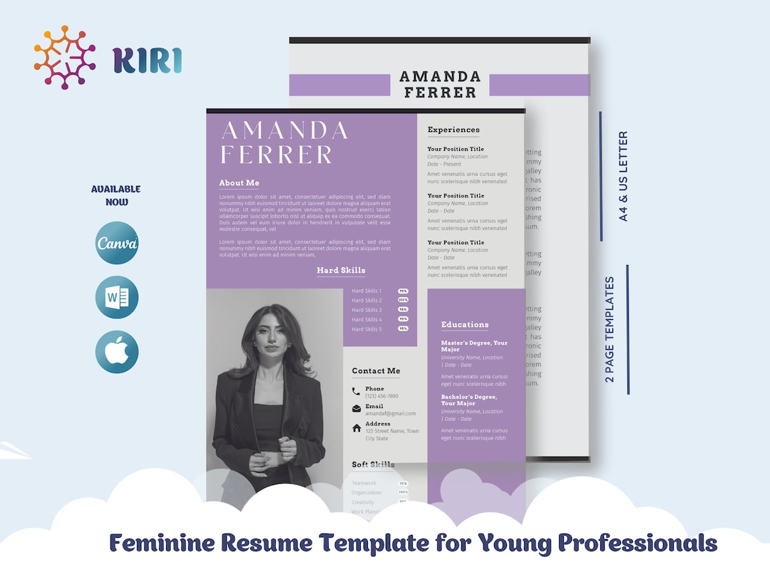 Feminine Resume Template for Young Professionals - Compatible With ...