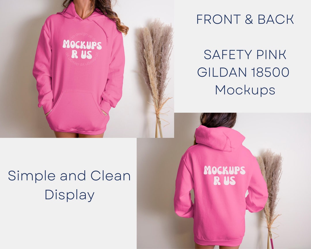 FRONT & BACK Safety PINK Gildan 18500 Mockups, Pink Hoodie Mock-up ...