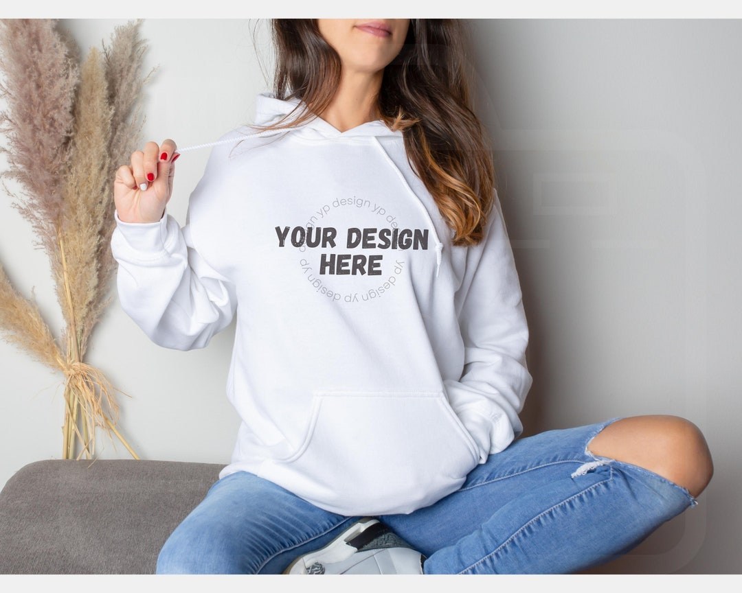 WHITE Gildan 18500 Hoodie MODEL MOCKUP Hooded Sweatshirt Mock up Hoddy ...