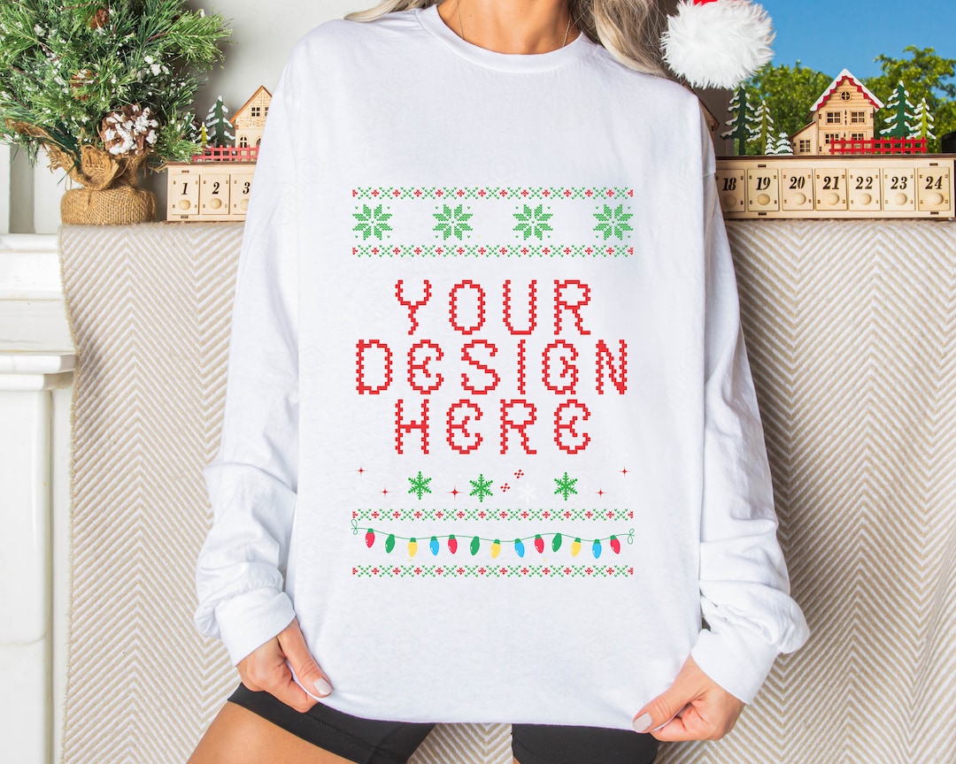 White Gildan 5400 Christmas Mockup, Holiday Long Sleeve Mock-up, White ...