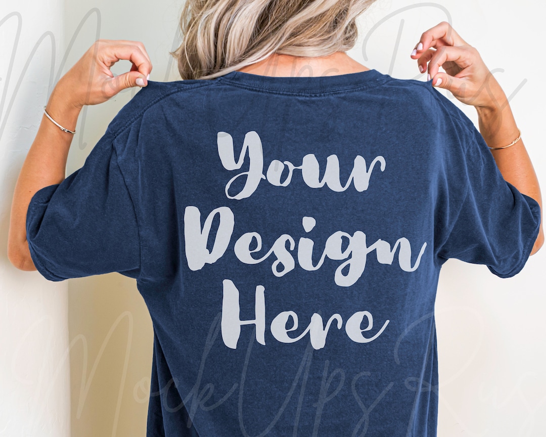 True Navy COMFORT COLORS C1717 T Shirt BACK Model Mockup, Blue Shirt ...