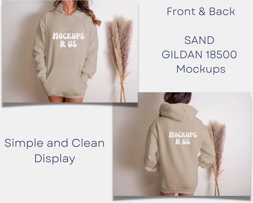 FRONT & BACK Sand Color Hooded Sweatshirt Gildan 18500 MOCKUPS, Beige ...