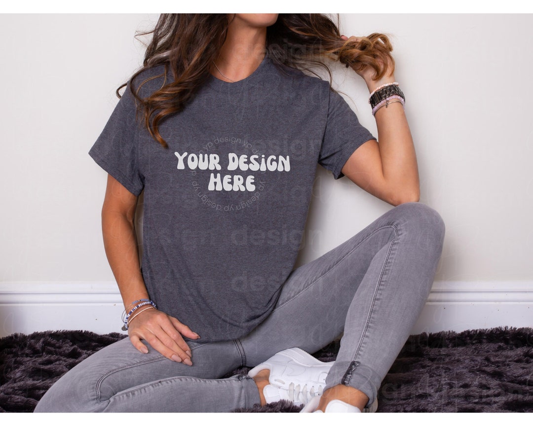 GILDAN 5000 TWEED T Shirt Lifesyle MOCKUP, Gray T-shirt Mock-up, Girl ...