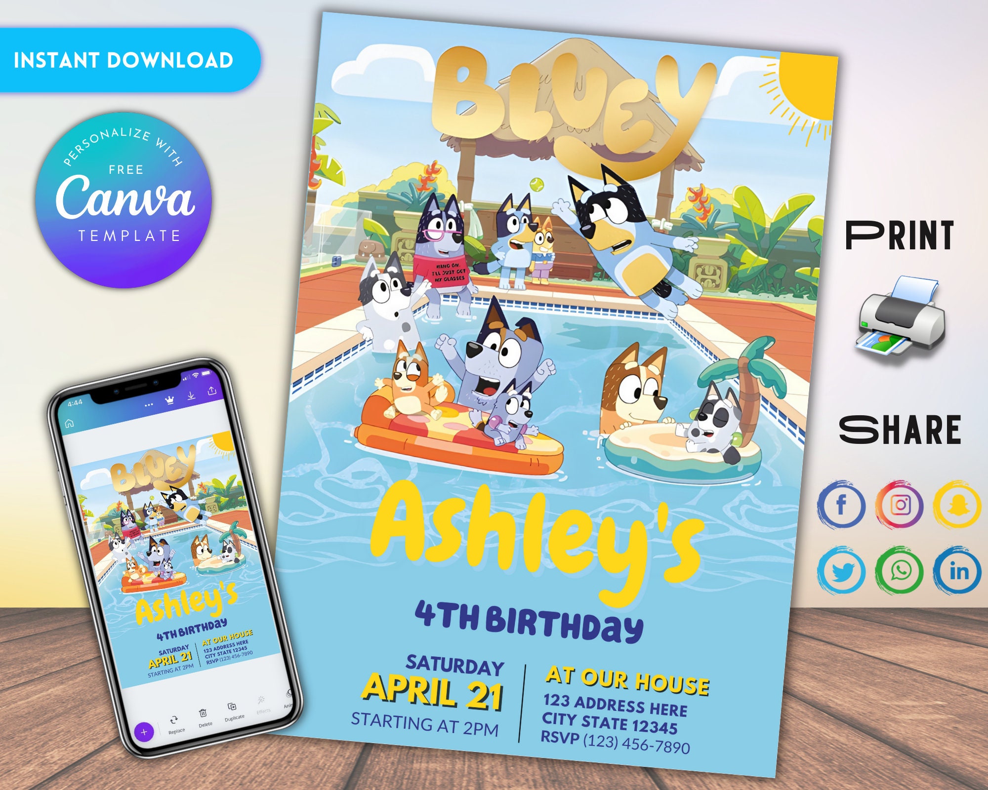 Editable Bluey Pool Party Invitation Bluey Birthday - Etsy