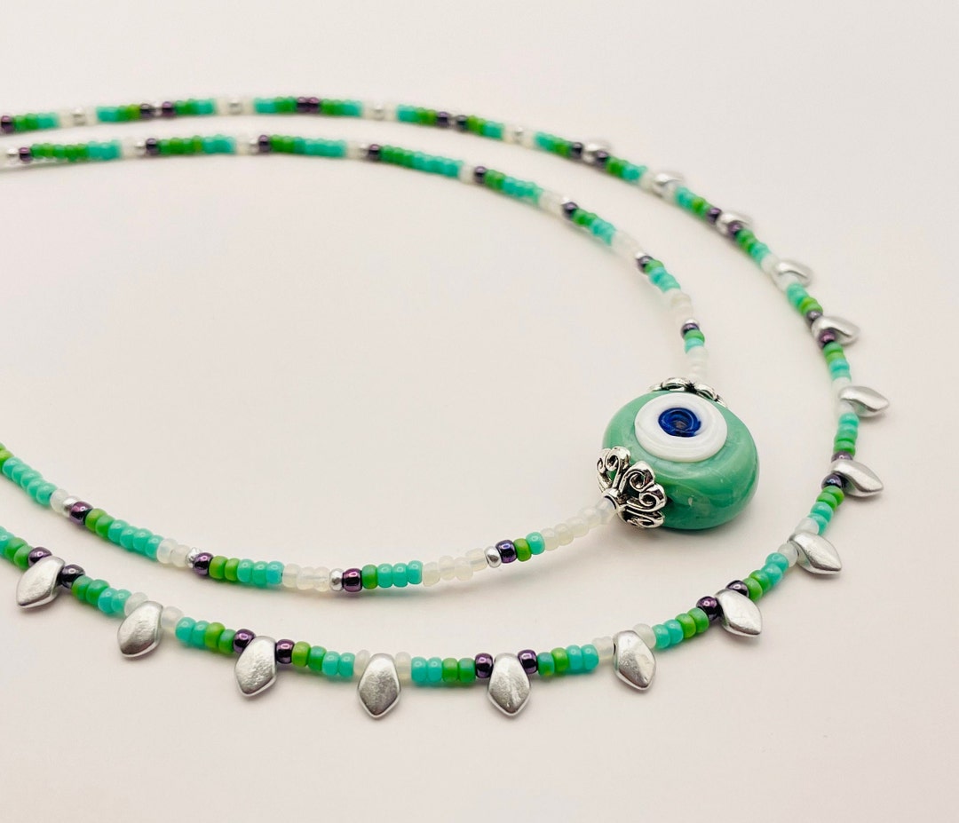 Sage Green Evil Eye Beaded Necklace, Silver Accents - Etsy