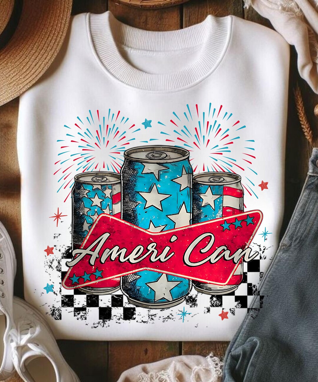 Checkered Ameri Can PNG, 4th of July PNG, USA Beer Can Png, Funny America Sublimation, Patriotic ...