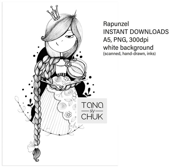 Rapunzel Printable Drawing Instant Digital Downloads A5 Png Etsy 