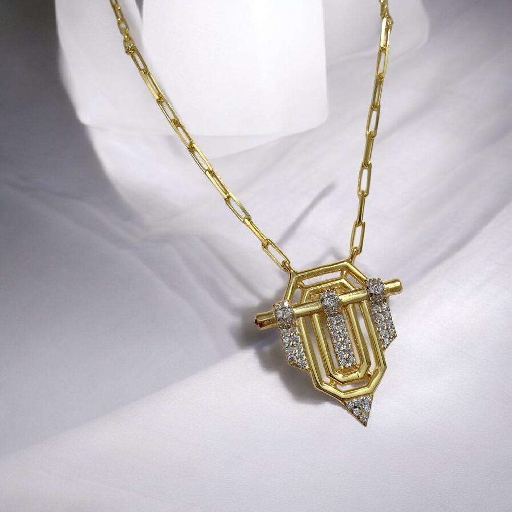 925 Silver 14 Carat Gold Plated Shield Spike Necklace Trigon Strip ...