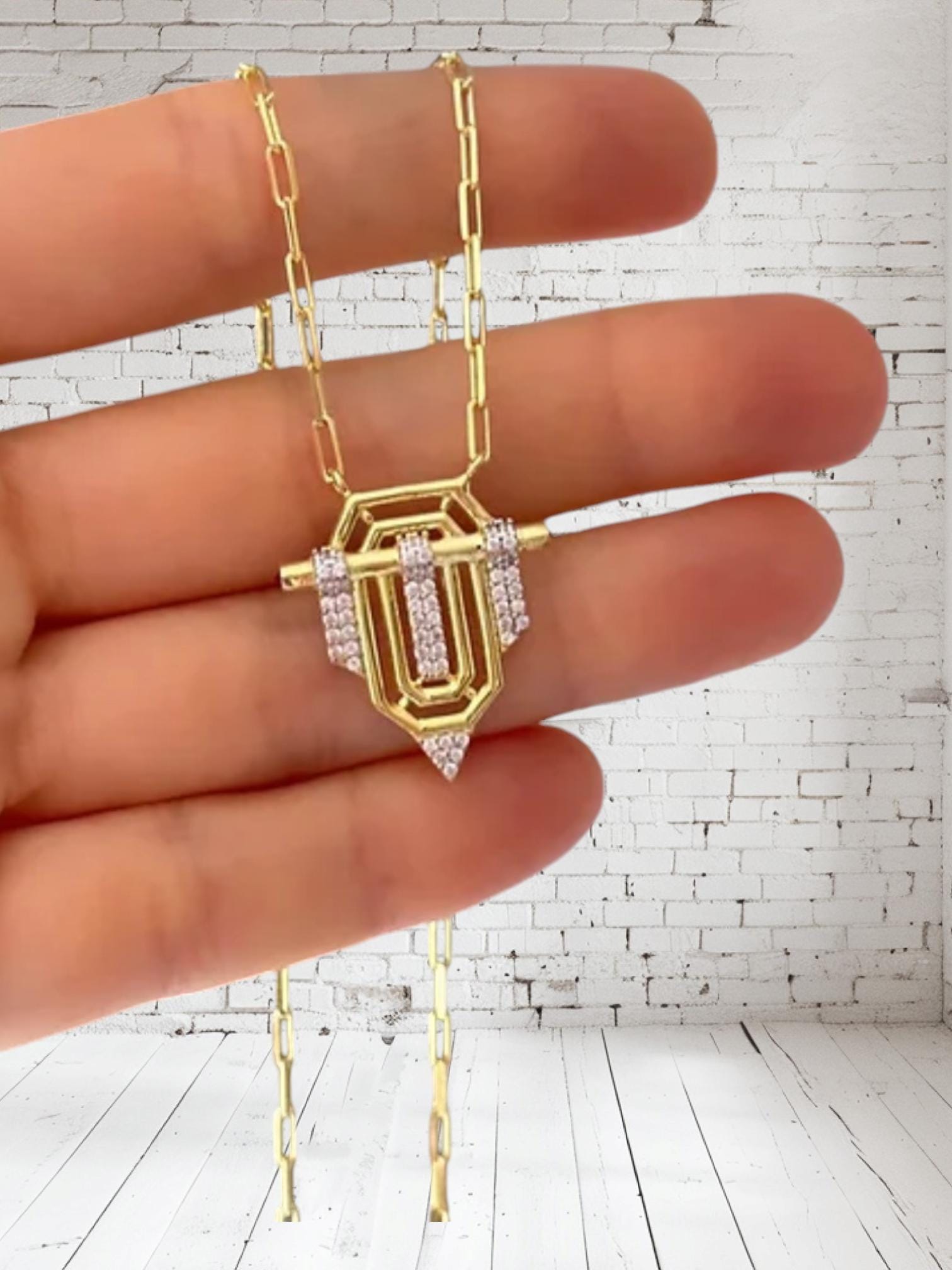 925 Silver 14 Carat Gold Plated Shield Spike Necklace Trigon Strip ...