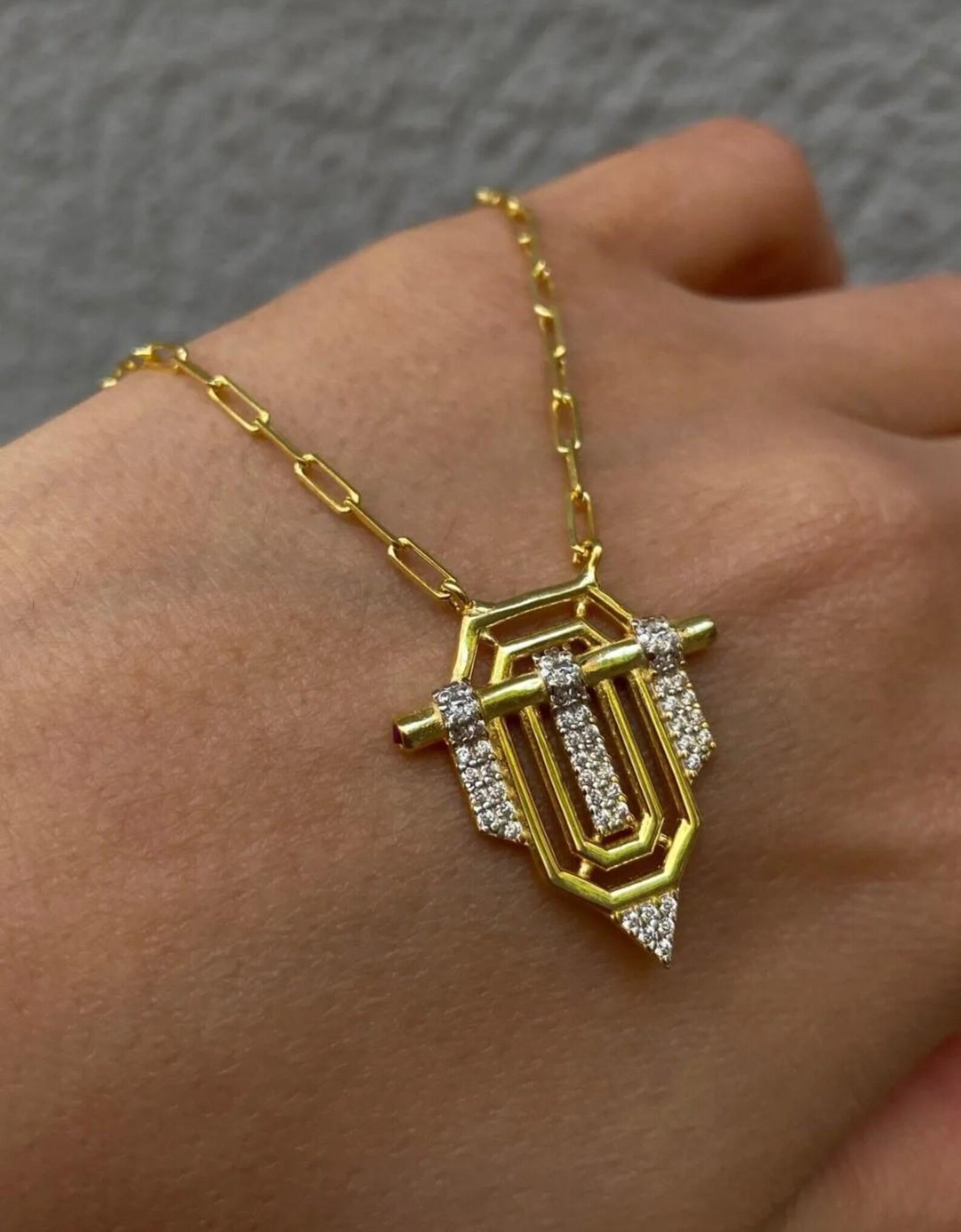 925 Silver 14 Carat Gold Plated Shield Spike Necklace Trigon Strip ...