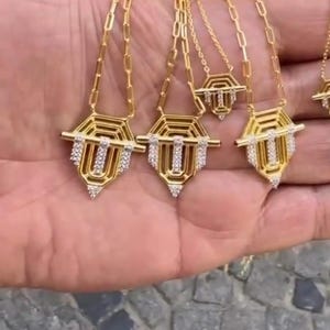925 Silver 14 Carat Gold Plated Shield Spike Necklace Trigon Strip ...