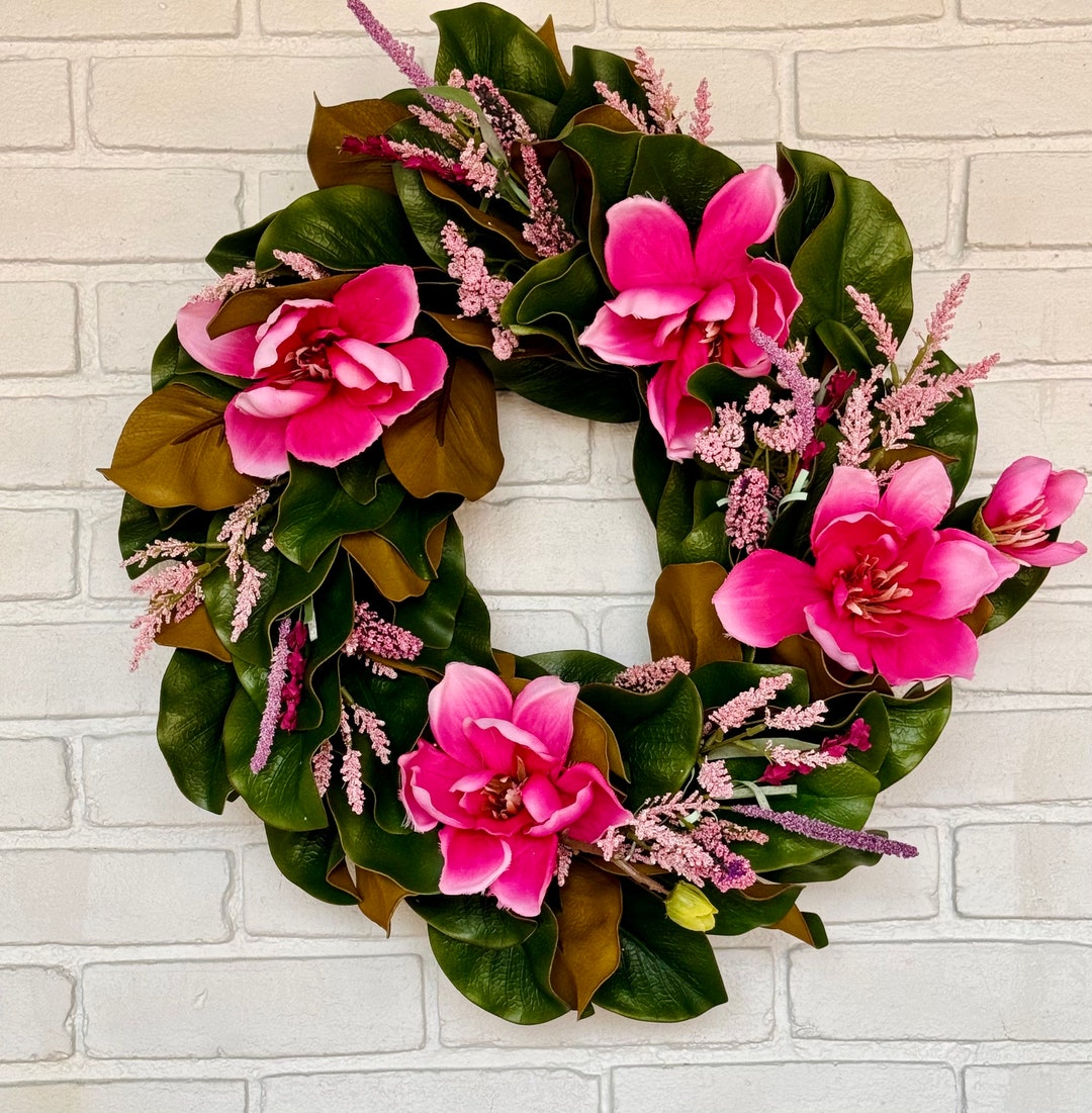 Spring Magnolia Wreath for Front Door, Pink Magnolia Blooms Wreath ...