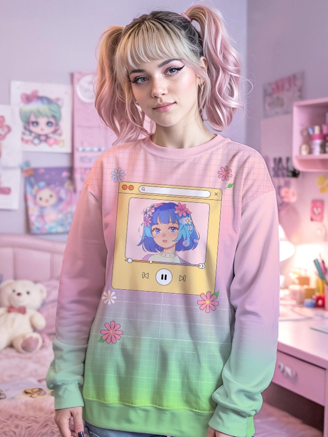 Pastel Vaporwave Sweatshirt: Anime Girl Frutiger Aero Pullover - Etsy