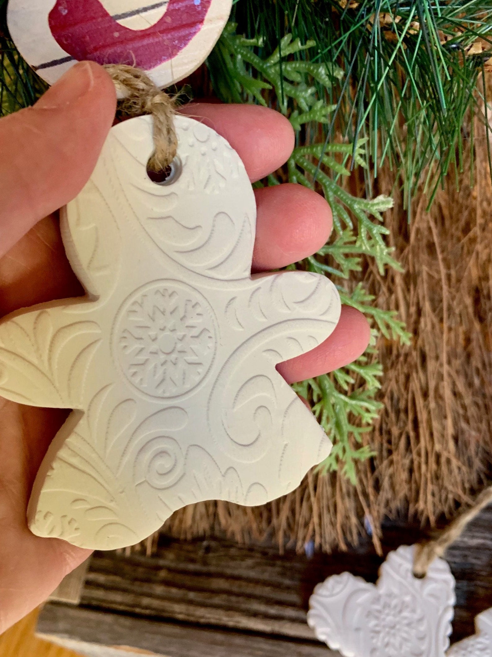 Christmas Design on White Clay Ornaments or Gift Tags, Farmhouse Decor ...