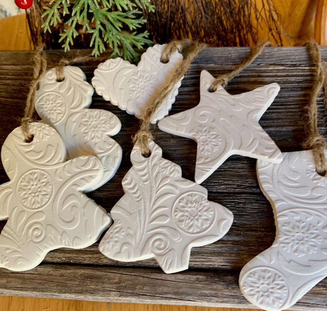 Christmas Design on White Clay Ornaments or Gift Tags, Farmhouse Decor ...