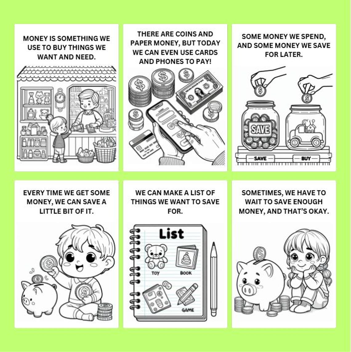 Kids’ Money and Saving Coloring Pages. Educational. Instant Download ...