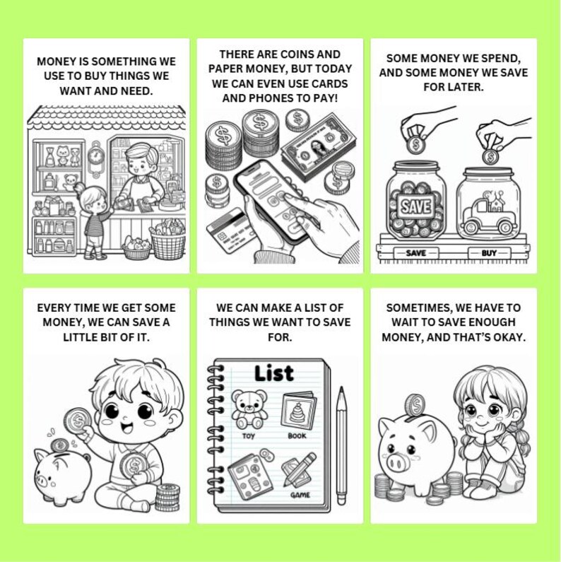 Kids’ Money and Saving Coloring Pages. Educational. Instant Download ...