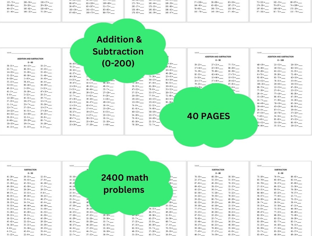 40-page Math Worksheets Bundle - Addition & Subtraction (0-200 ...