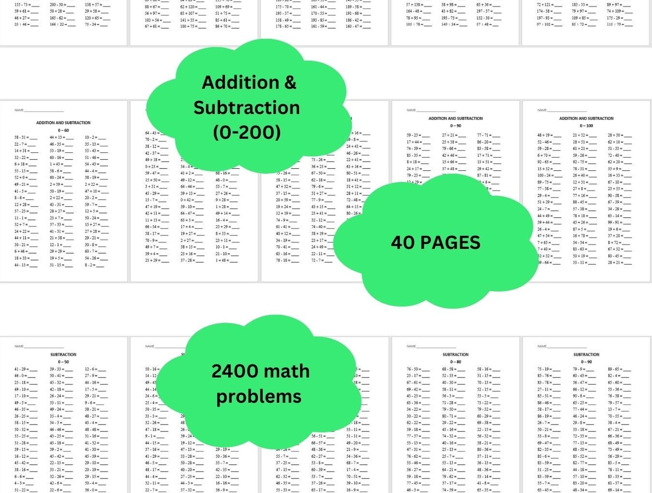 40-page Math Worksheets Bundle - Addition & Subtraction (0-200 ...