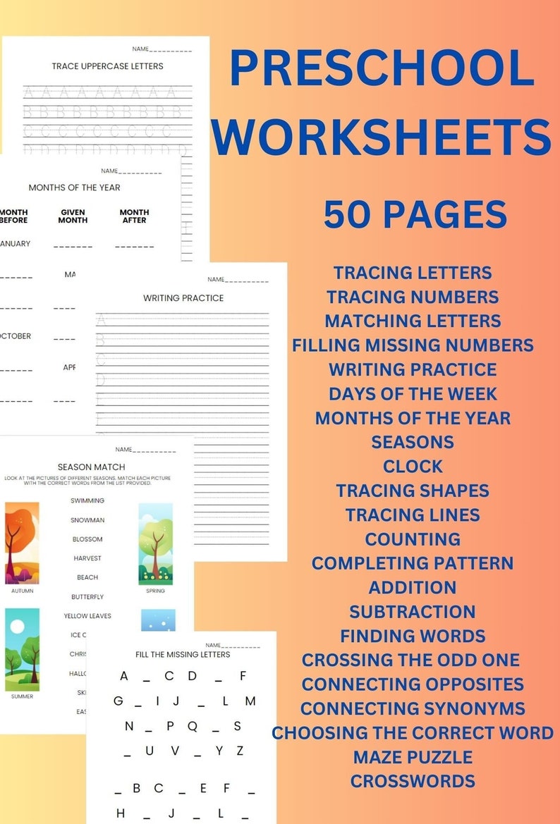 Printable Preschool Learning Worksheets. 50 Pages. Worksheet Bundle ...