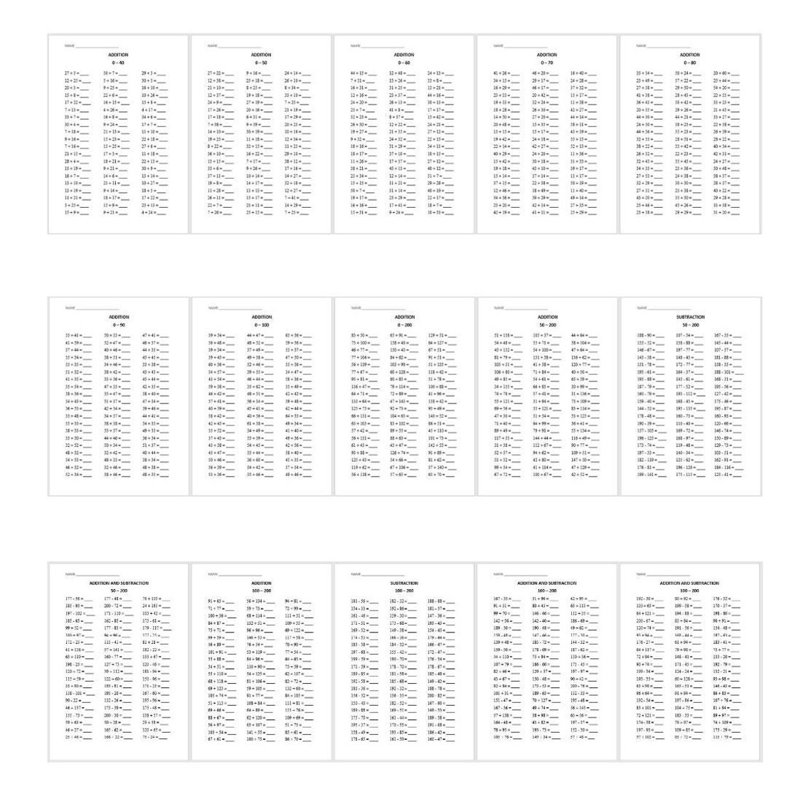 40-page Math Worksheets Bundle - Addition & Subtraction (0-200 ...