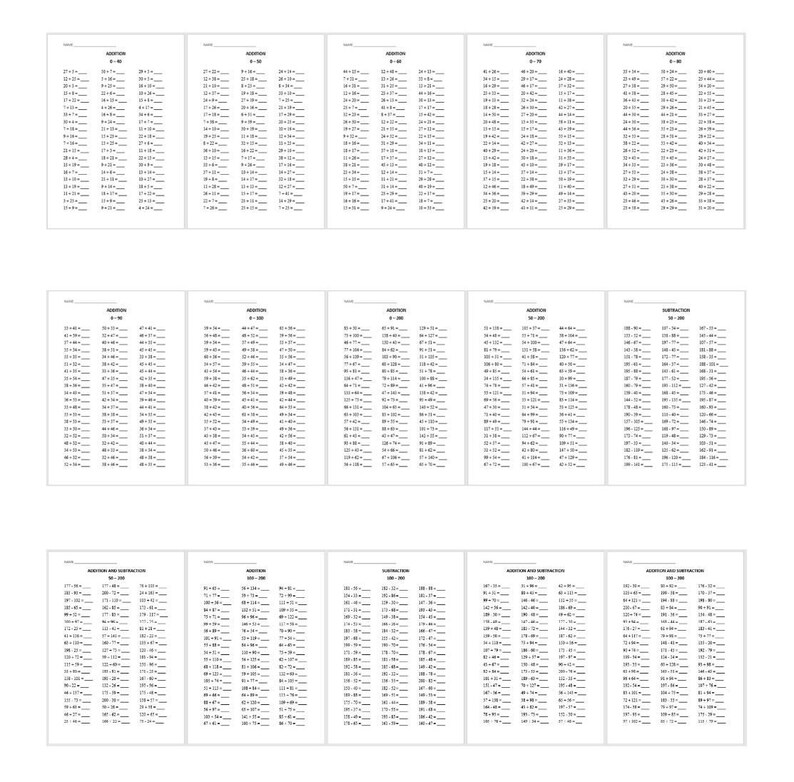 40-page Math Worksheets Bundle - Addition & Subtraction (0-200 ...
