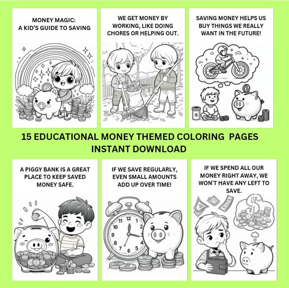 Kids’ Money and Saving Coloring Pages. Educational. Instant Download ...