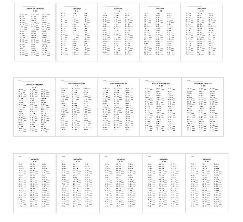 40-page Math Worksheets Bundle - Addition & Subtraction (0-200 ...