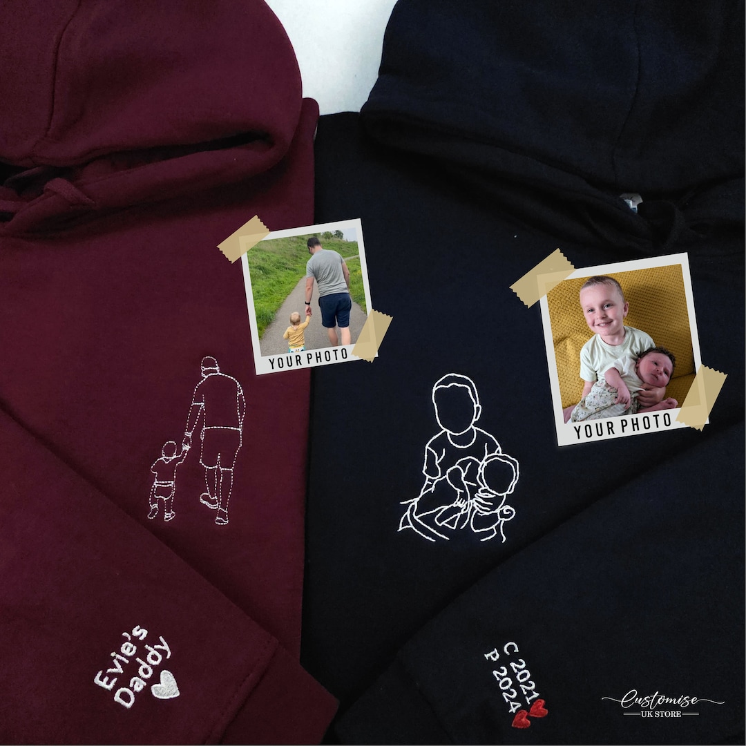 Custom Dad Photo Hoodie, Outline Embroidered Sketch From Picture Jumper ...