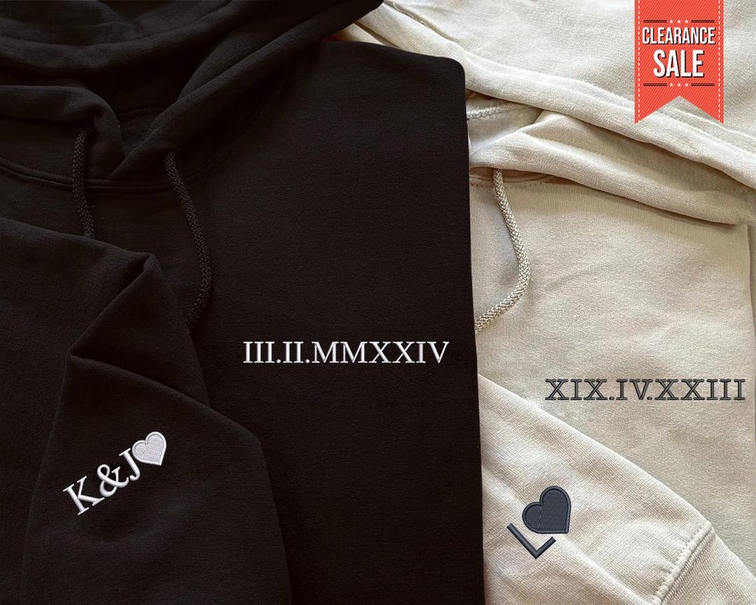 Roman Numerals Embroidered Hoodie, Personalised Anniversary Date ...