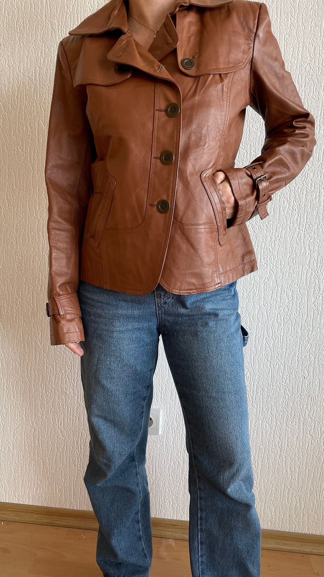Real Leather Y2K / 2000 Jacket in Buttons Closure Caramel Brown Size ...