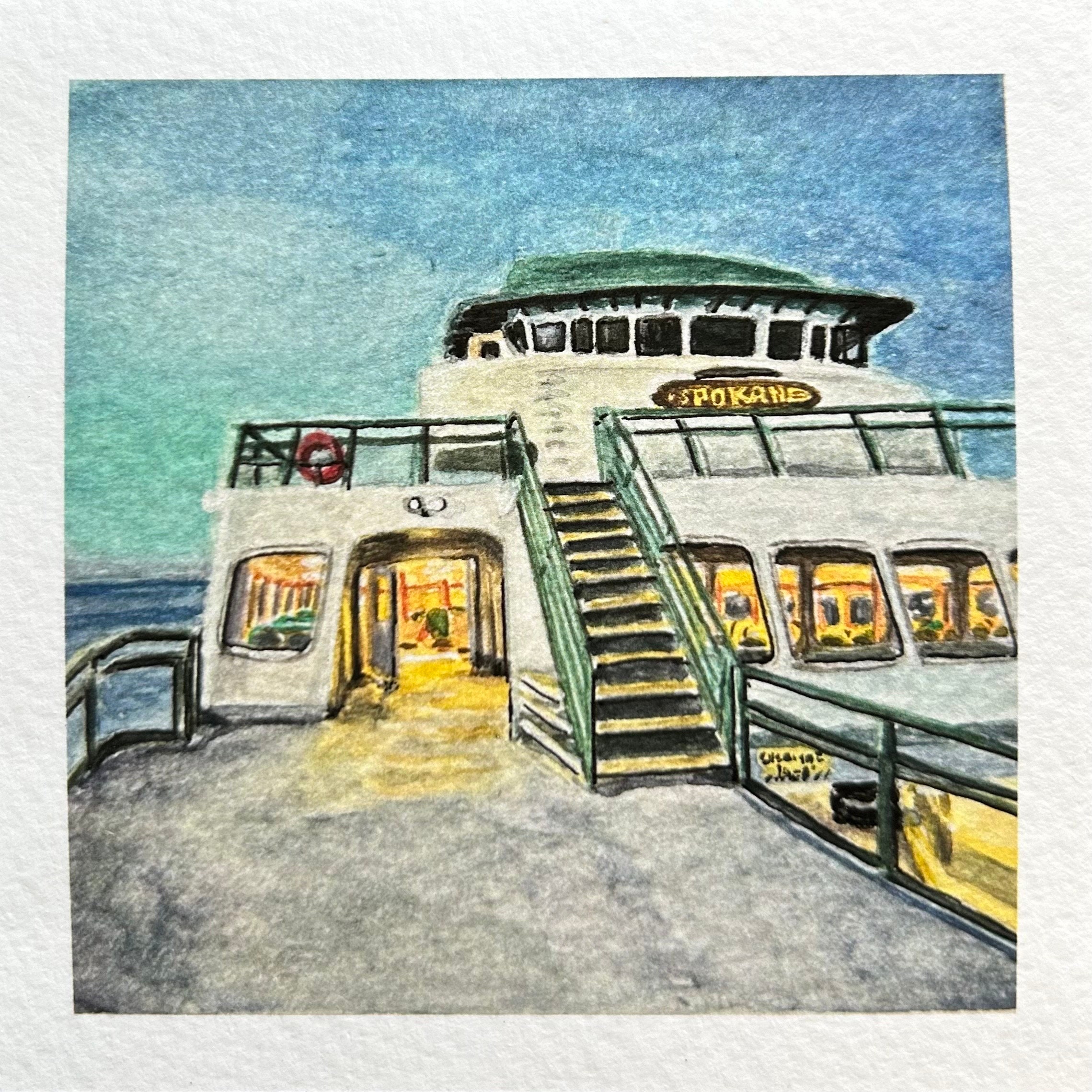 Washington State Ferry Watercolor Print “goodnight Ferry” - Etsy