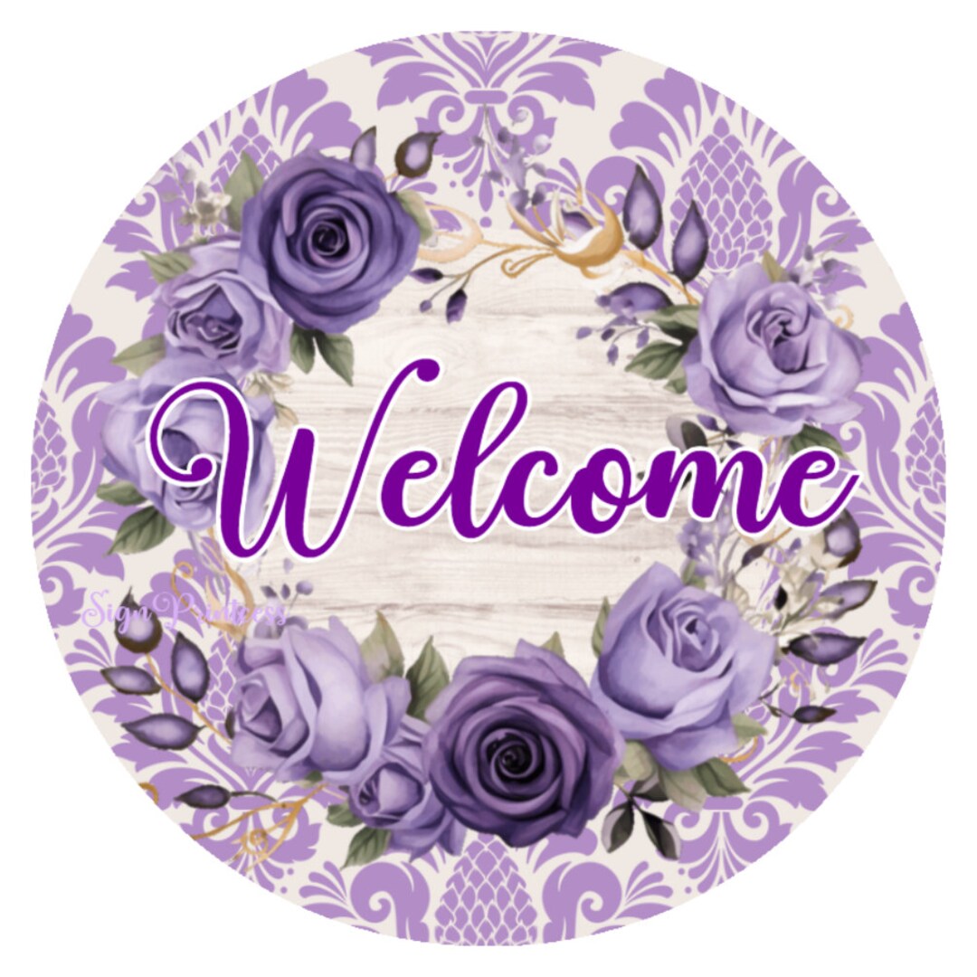 Purple Rose Sign, Metal Wreath Sign, Purple Welcome Sign, Purple Spring ...