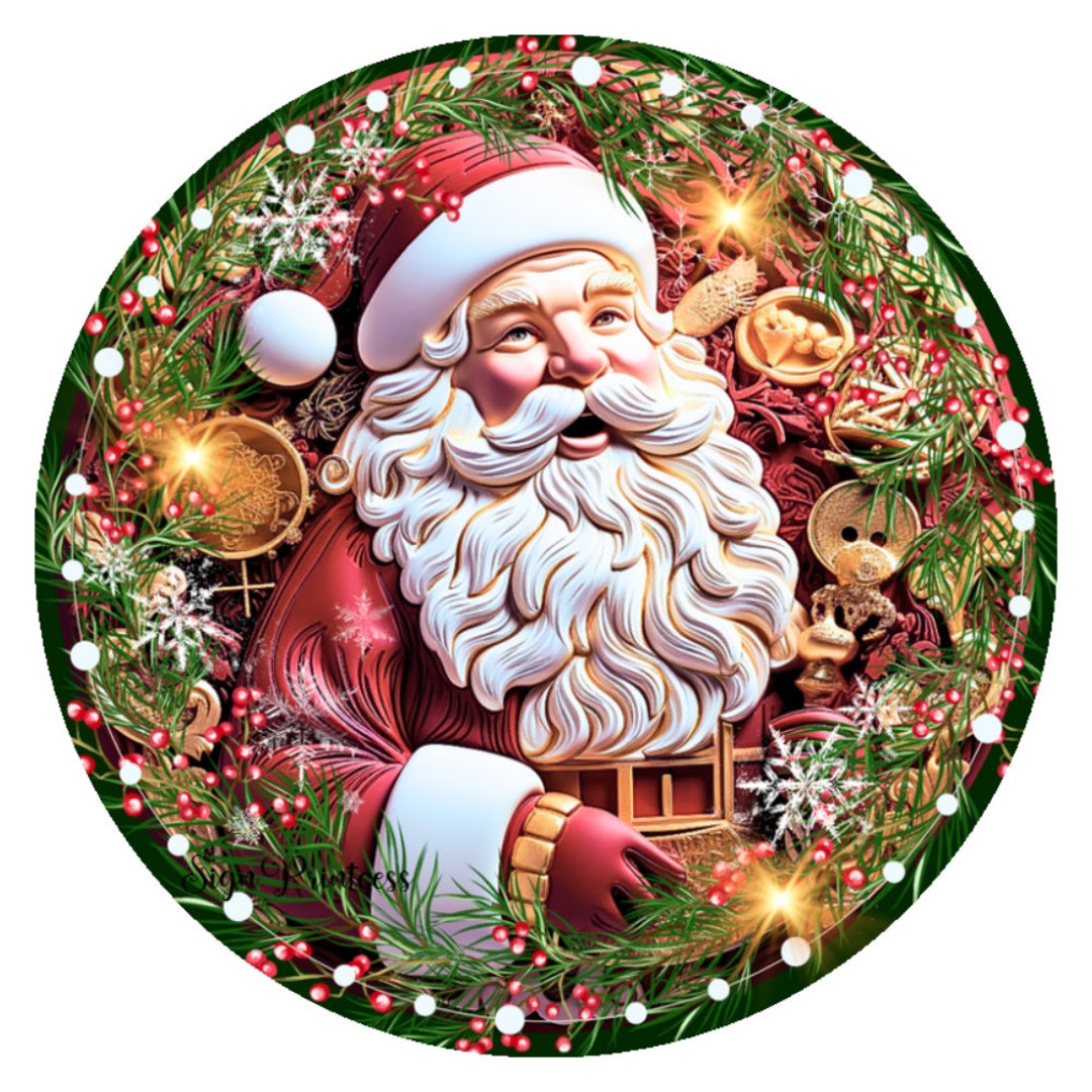 Santa Sign, Santa Faux 3D Sign, Metal Wreath Sign, Santa Wreath Sign ...