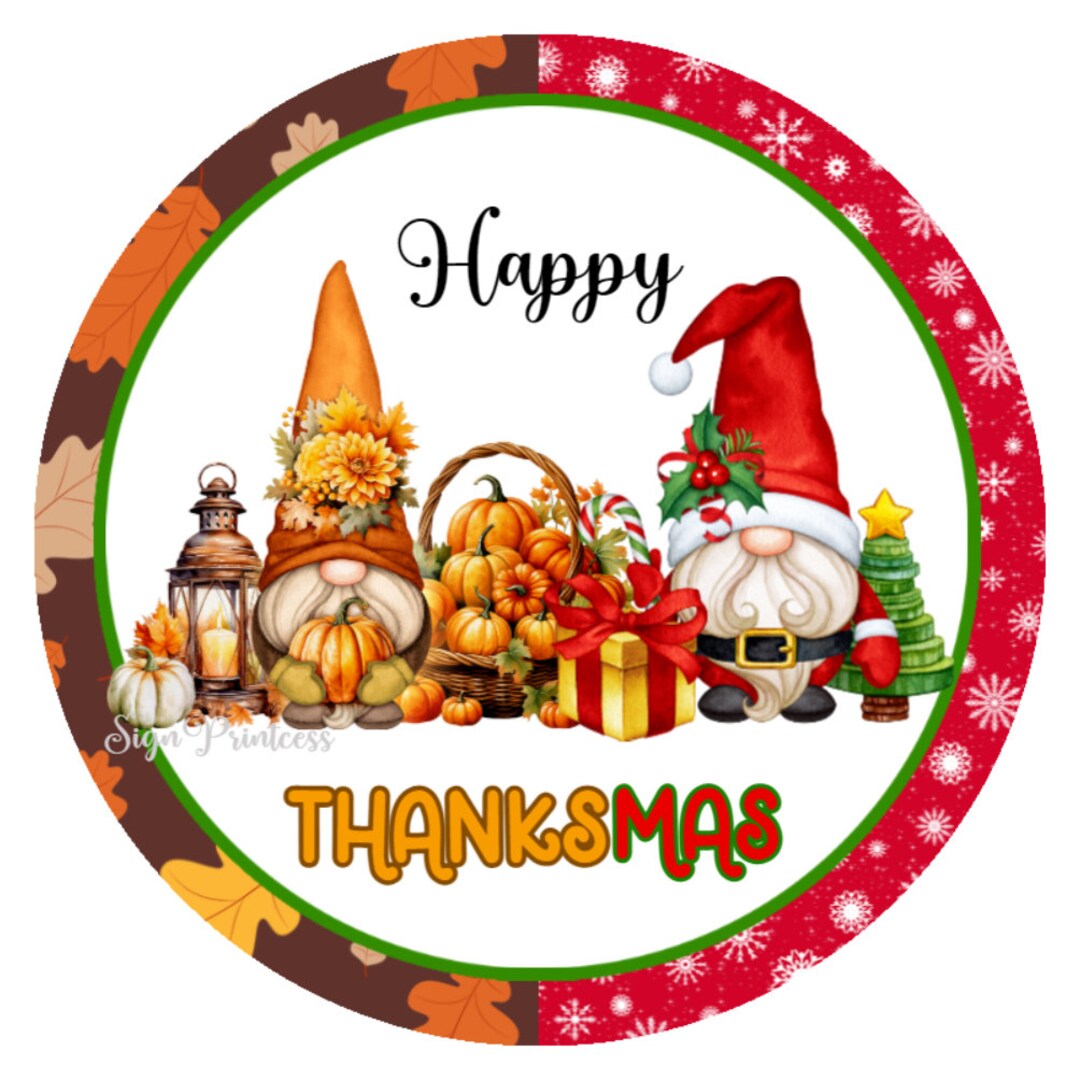 Happy Thanksmas Sign, Gnome Sign, Metal Wreath Sign, Gnome Wreath Sign ...