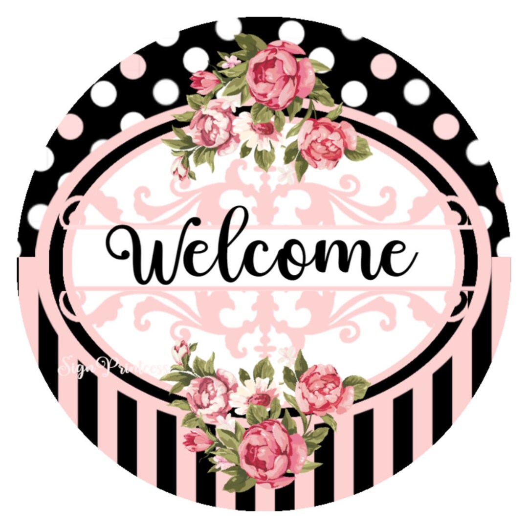 Pink and Black Welcome Sign, Metal Wreath Sign, Pink Roses Welcome Sign ...