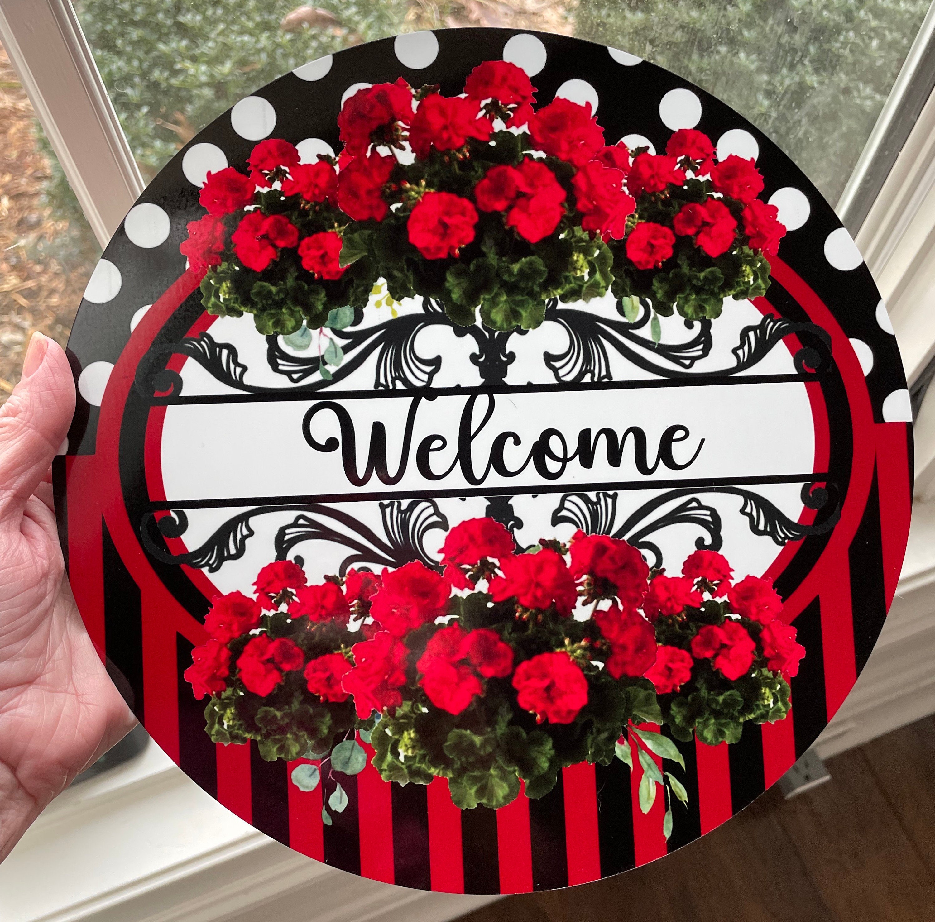 Red and Black Welcome Sign Metal Wreath Sign Red Geranium - Etsy