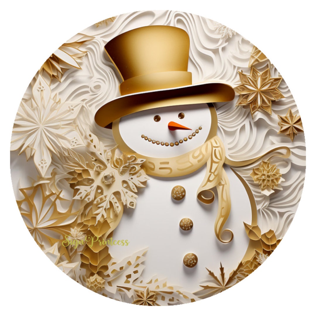 Gold and White Snowman Sign, Snowman Faux 3D Sign, Metal Wreath Sign ...