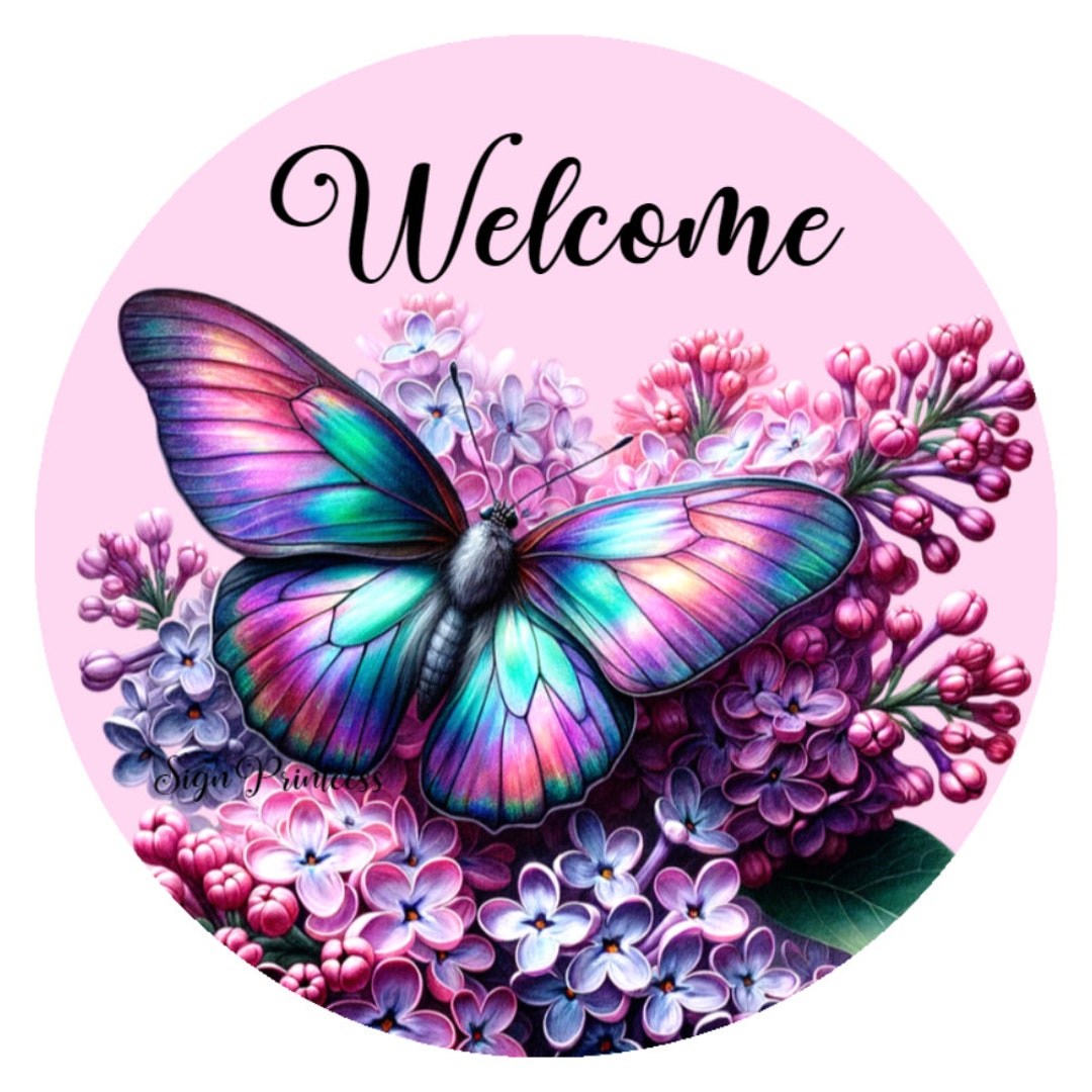 Butterfly Sign, Metal Wreath Sign, Butterfly Welcome Sign, Purple and ...